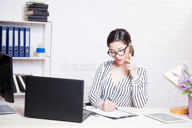 Girl in the Workplace at the Computer in the Office Stock Image - Image ...