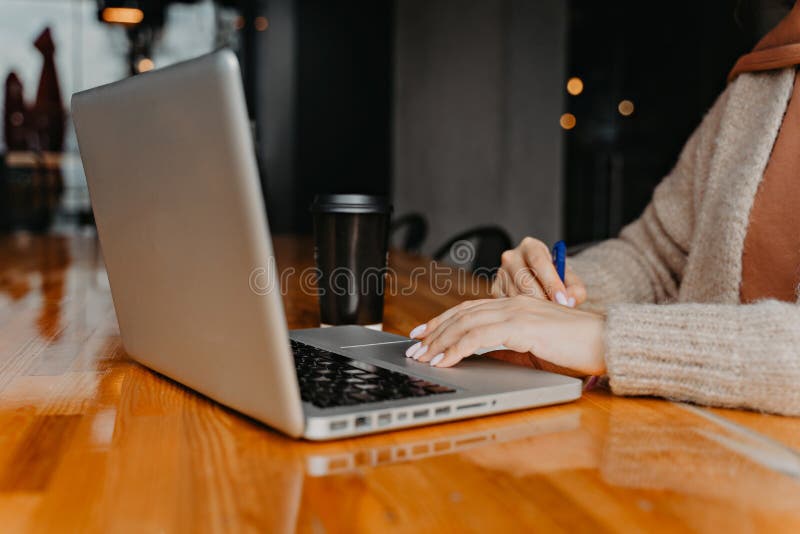 The Girl Works at the Computer and Drinks Coffee Stock Image - Image of ...
