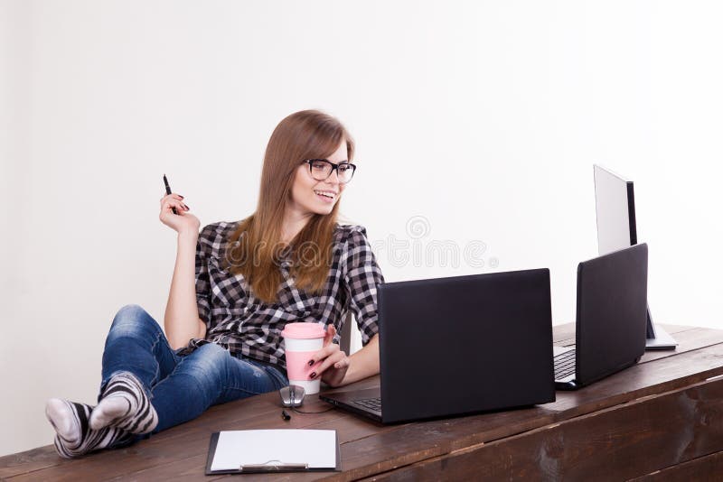 The Girl Works in an Office at a Computer Stock Image - Image of ...