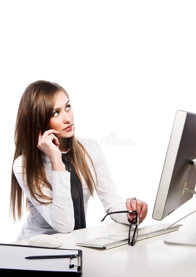 Girl works at the computer stock image. Image of communication - 52669961