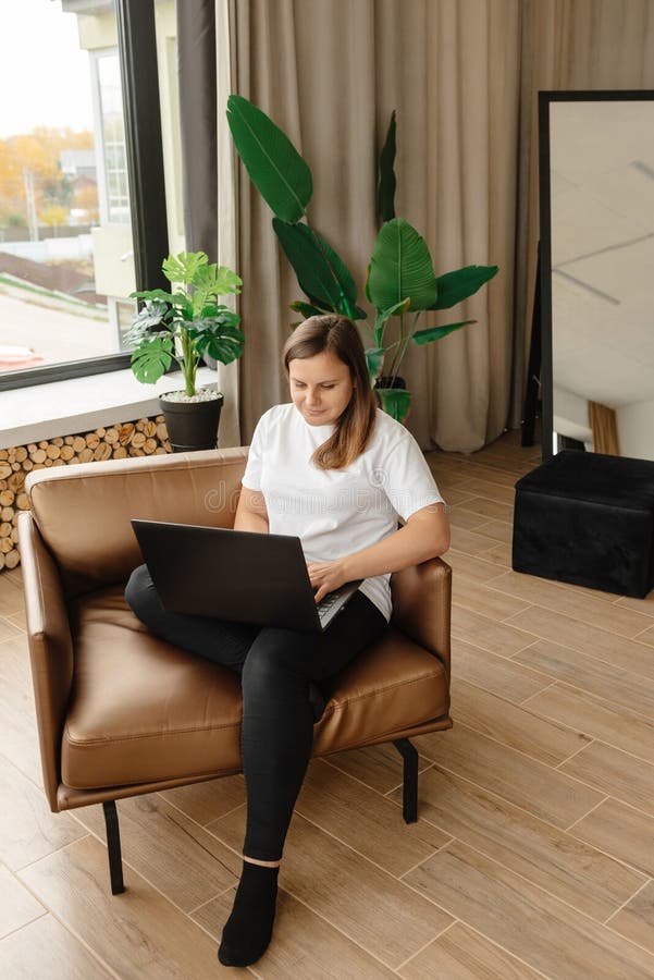 The Girl Works at Home on a Laptop Remote Work Stock Image - Image of ...