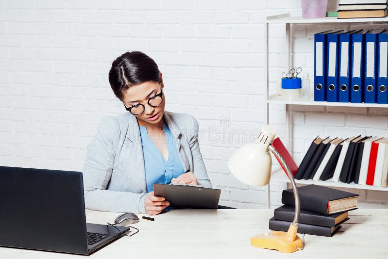 The Girl Works in an Office at a Computer Stock Photo - Image of ...