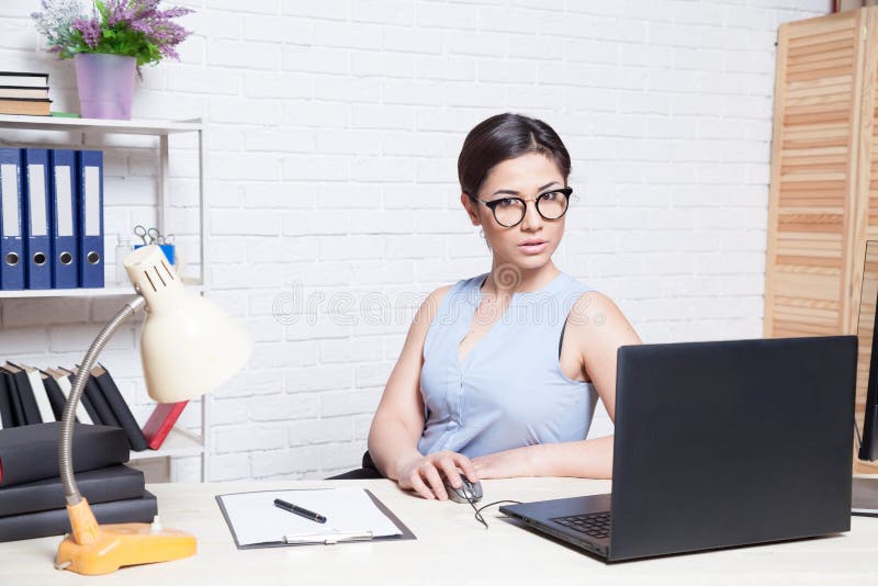 The Girl Works in an Office at a Computer Stock Image - Image of ...