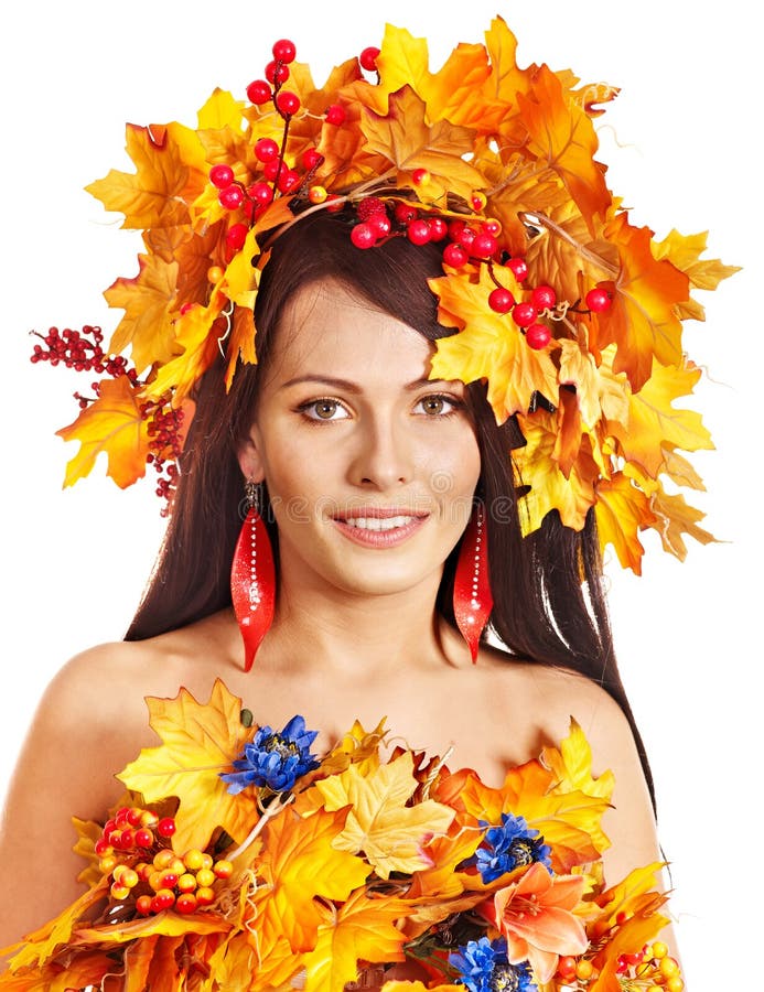 Girl with a Wreath of Autumn Leaves on the Head. Stock Photo - Image of ...