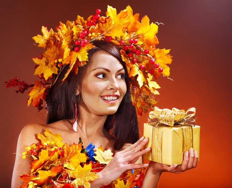 Girl with a Wreath of Autumn Leaves on the Head. Stock Image - Image of ...