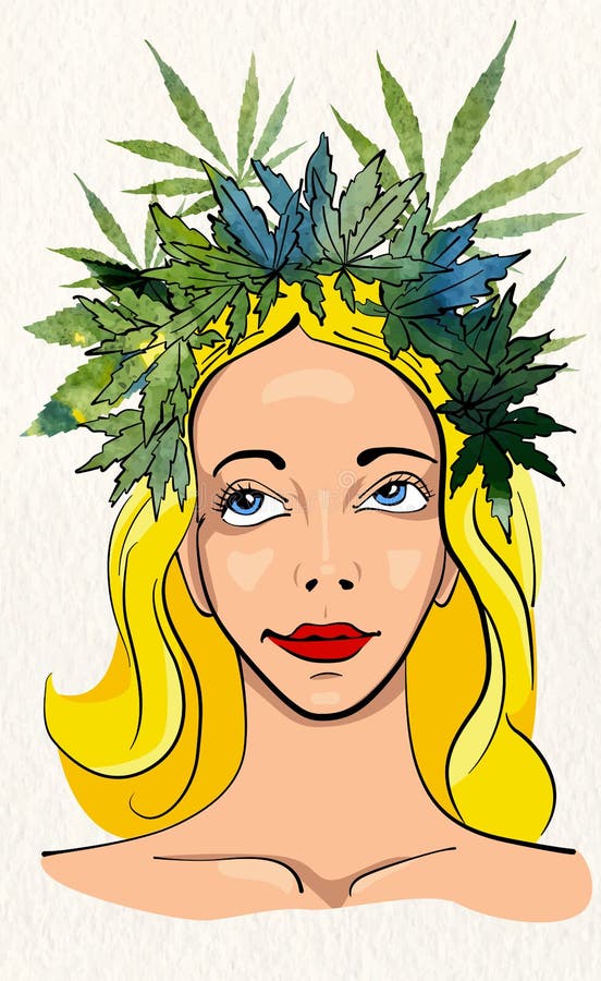 Girl with Wreath of Marijuana Leafs.Watercolor Background. Vector Image ...