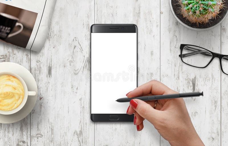 Girl Write with Pen on Isolated White Mobile Phone Display Stock Image ...