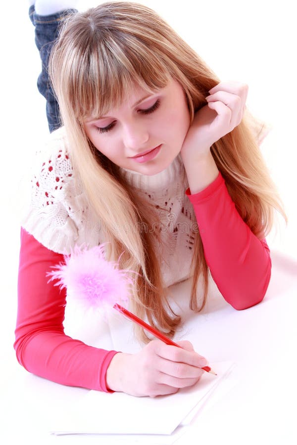 Girl Write Poem at Notebook. Business Concept Idea. Lady Education ...