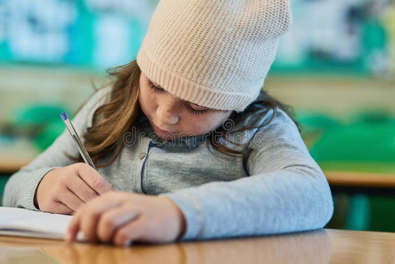 Girl, Writing and Book in Classroom for Education, Notes and ...