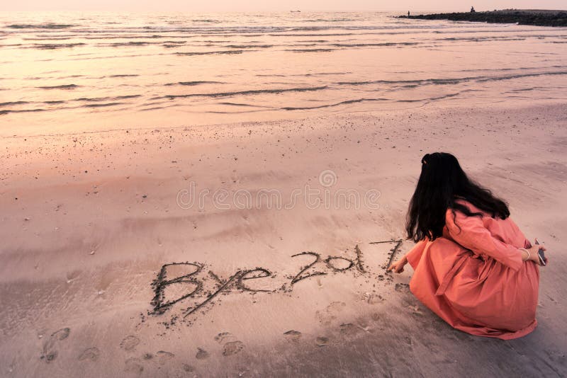 Girl Writing Bye 2017 Note in the Sand Stock Image - Image of ...