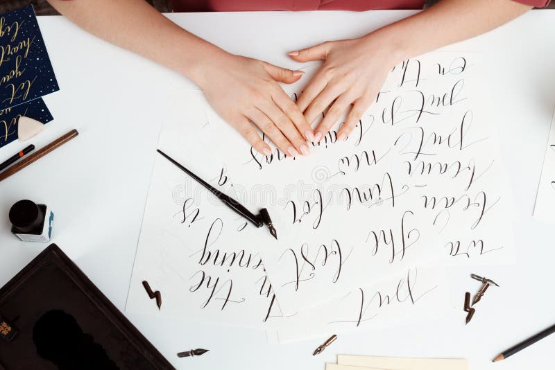Girl Writing Calligraphy on Postcards. Art Design. Above. Stock Photo ...