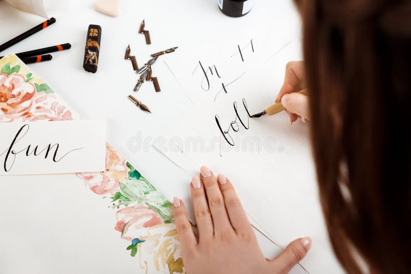 Girl Writing Calligraphy on Postcards. Art Design Stock Photo - Image ...