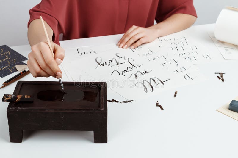 Girl Writing Calligraphy on Postcards. Art Design Stock Image - Image ...