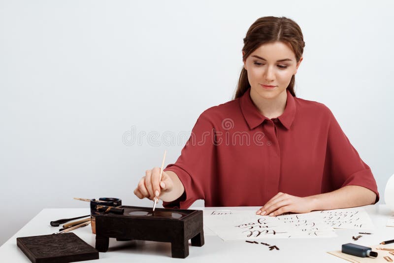 Girl Writing Calligraphy on Postcards. Art Design Stock Photo - Image ...
