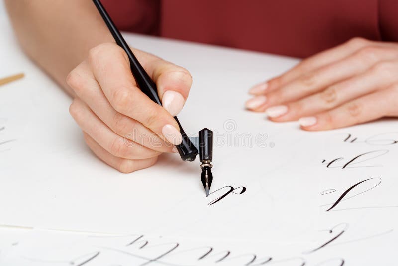 Girl Writing Calligraphy on Postcards. Art Design Stock Image - Image ...