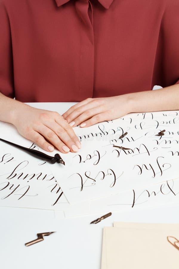 Girl Writing Calligraphy on Postcards. Art Design Stock Photo - Image ...