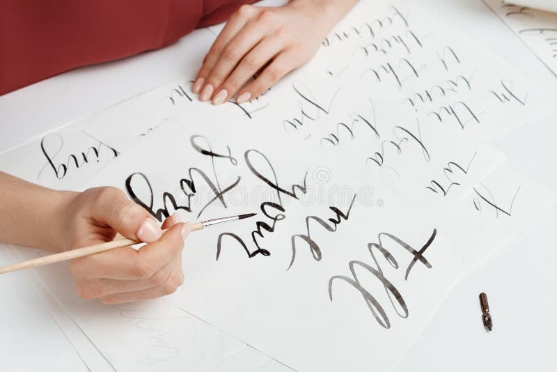 Girl Writing Calligraphy on Postcards. Art Design Stock Image - Image ...