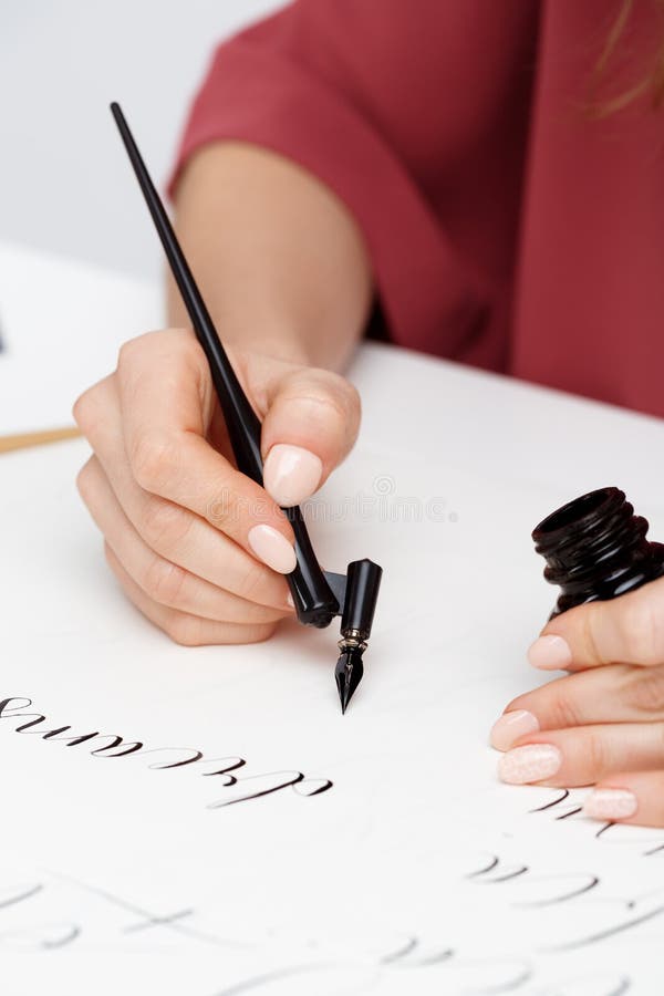 Girl Writing Calligraphy on Postcards. Art Design Stock Image - Image ...