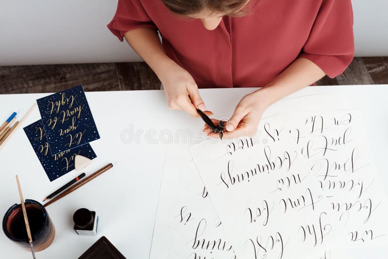 Girl Writing Calligraphy on Postcards. Art Design Stock Photo - Image ...