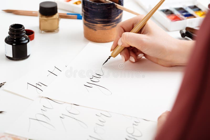 Girl Writing Calligraphy on Postcards. Art Design Stock Image - Image ...