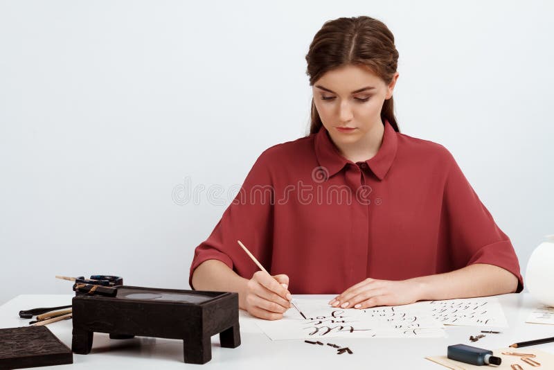 Girl Writing Calligraphy on Postcards. Art Design Stock Photo - Image ...