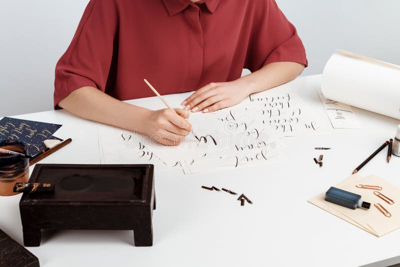 Girl Writing Calligraphy on Postcards. Art Design Stock Image - Image ...