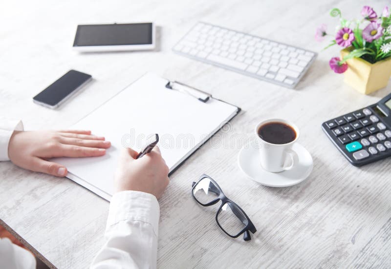 Girl Writing on Clipboard. Working in Office Stock Image - Image of ...
