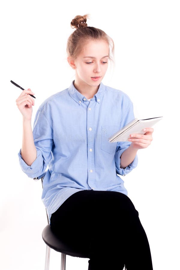 Girl Writing a Note into a Pad Isolated Stock Image - Image of fashion ...