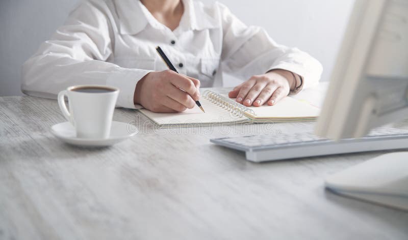 Girl Writing on Notepad in Office Desk Stock Photo - Image of learn ...