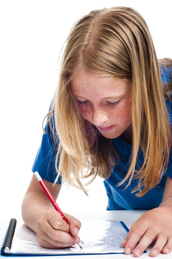 Girl writing on paper stock photo. Image of happy, sitting - 11951374