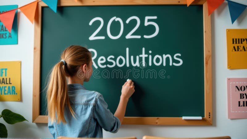 Girl Writing 2025 Resolutions on Chalkboard Stock Illustration ...