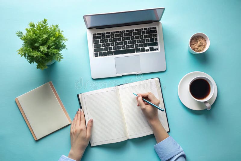 Girl Writing on White Book on Light Blue Desk Stock Illustration ...