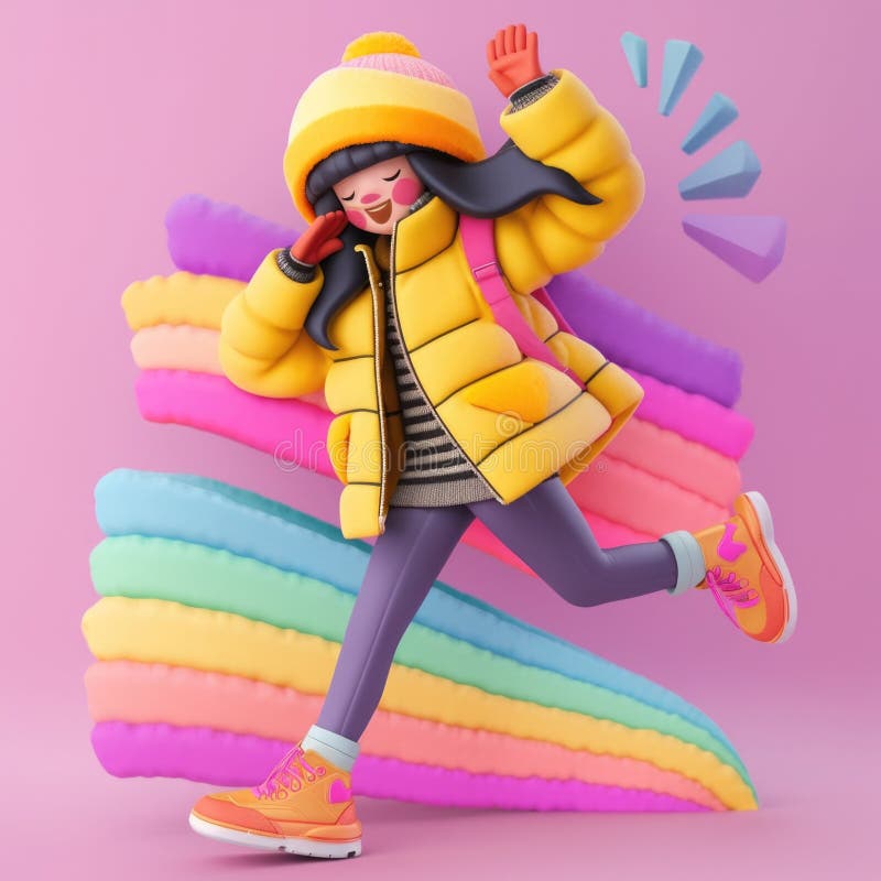 A Girl in a Yellow Jacket and Pink Hat is Running, AI Stock ...