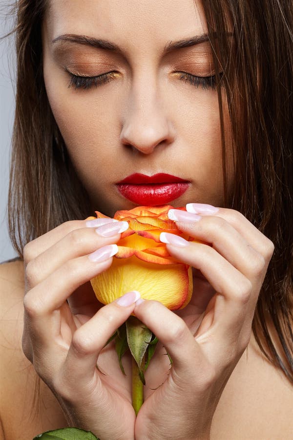 Girl with yellow rose stock image. Image of portrait - 15195303