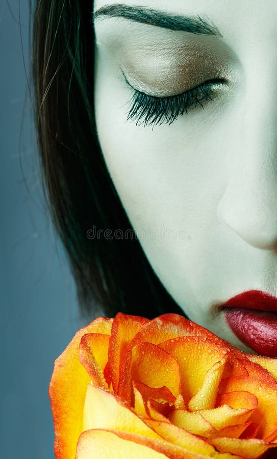Girl with yellow rose stock photo. Image of lips, drops - 15195318
