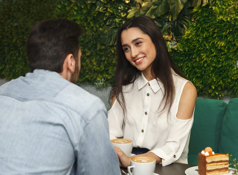 Girlfriend Smiling Flirting with Boyfriend on Romantic Date in Cafe ...