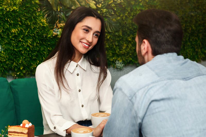 Girlfriend Smiling Flirting with Boyfriend on Romantic Date in Cafe ...