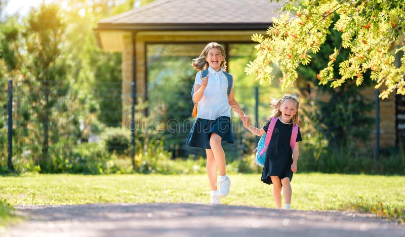 Girls with Backpack are Going To School Stock Image - Image of building ...
