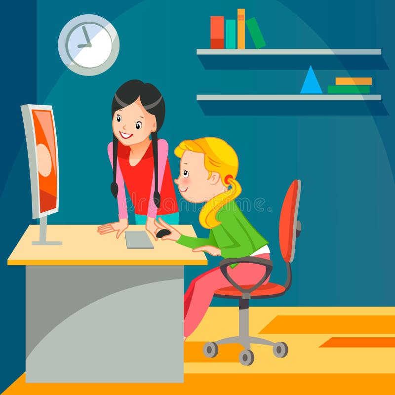 Girls c the computer stock vector. Illustration of beautiful - 116851156