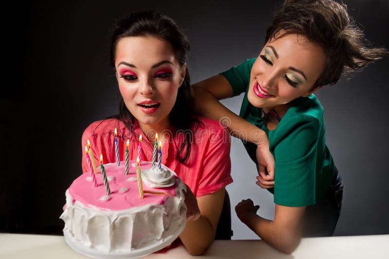 Girls with cake. stock photo. Image of celebration, curls - 29293452