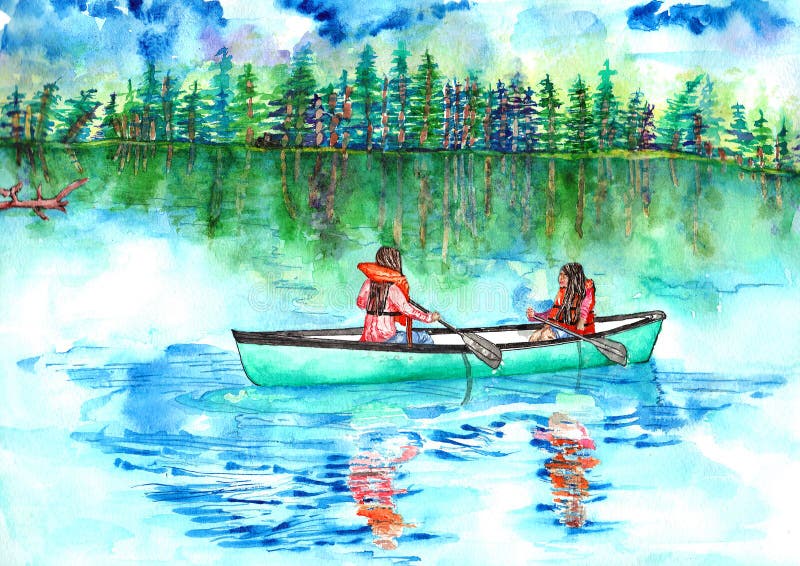 Girls canoeing stock illustration. Illustration of colorist - 60158564