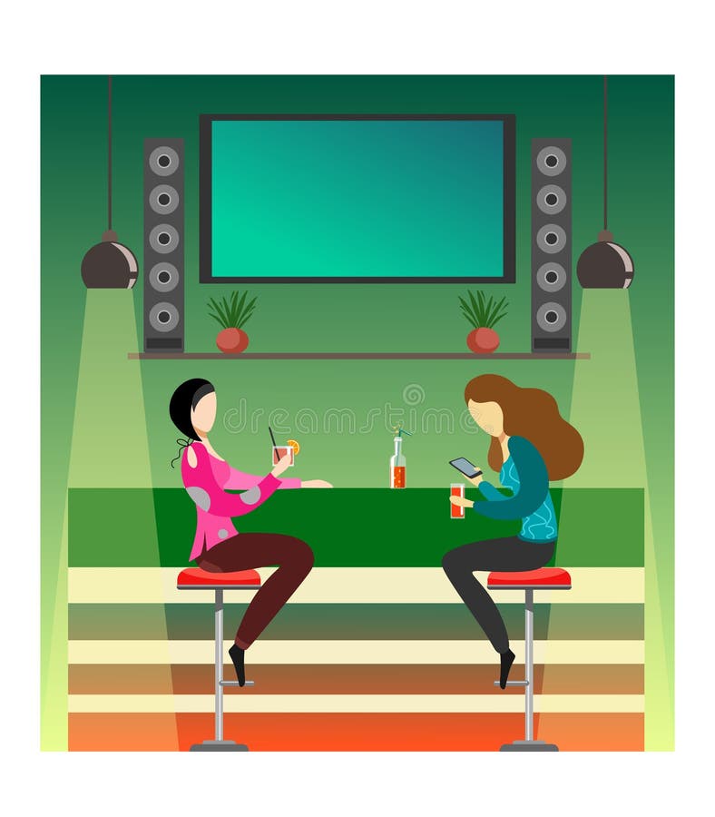 The Girls` Characters Sit on Bar Stools, Drink Drinks and Chat. Stock ...
