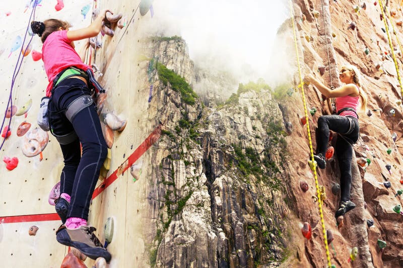 Girls on a Climbing Wall Train and Sheer Rock, Stock Photo - Image of ...