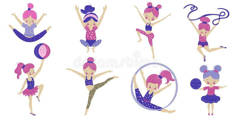 Girls are Doing Gymnastics, Cartoon Vector Set of Illustrations on the ...