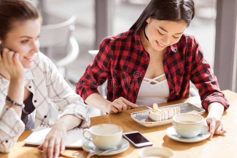 Girls Eating Cake and Drinking Coffee at Cafe, Coffee Break Stock Image ...