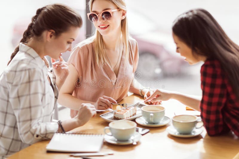 Girls Eating Cake and Drinking Coffee at Cafe, Coffee Break Stock Image ...