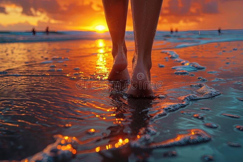 Girls Feet Walking on Beach at Sunset. Generative AI. Stock ...