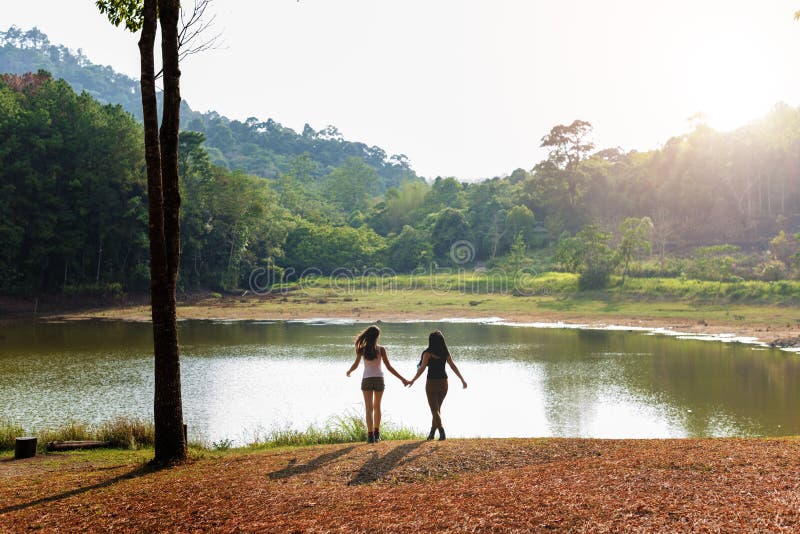 Girls Friends Exploring Outdoors Nature Concept Stock Photo - Image of ...