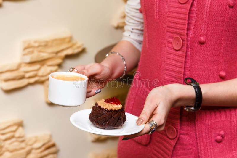 Girls Hands Hold a Cup of Coffee and Cake Stock Photo - Image of ...