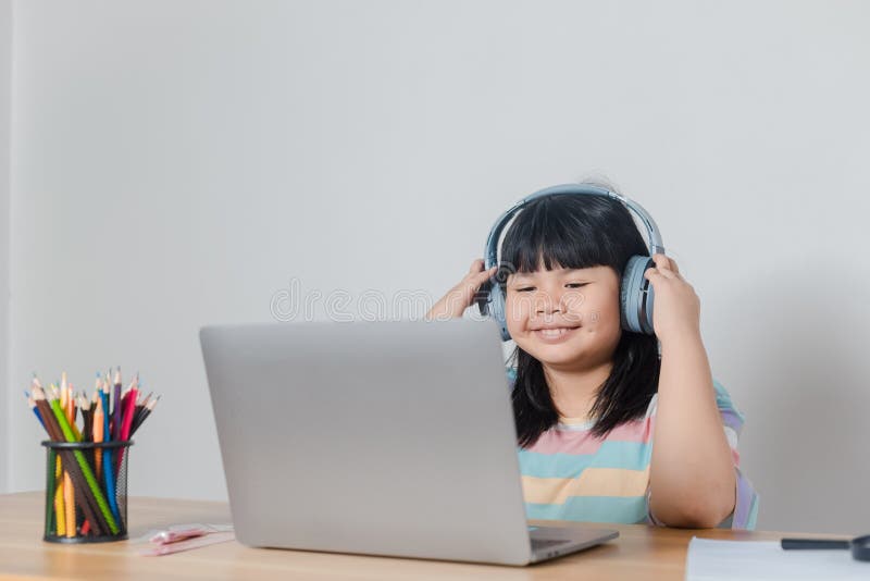 Girls Happily Use Computers To Study Online at Home Stock Image - Image ...